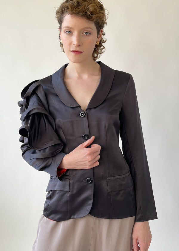 Purple Satin Ruffle Sleeve Blazer - Raleigh Vintage