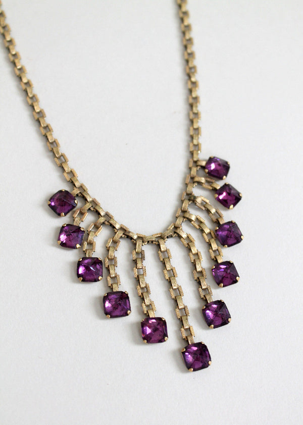 Vintage 1940s Brass And Purple Glass Bib Necklace Raleigh Vintage