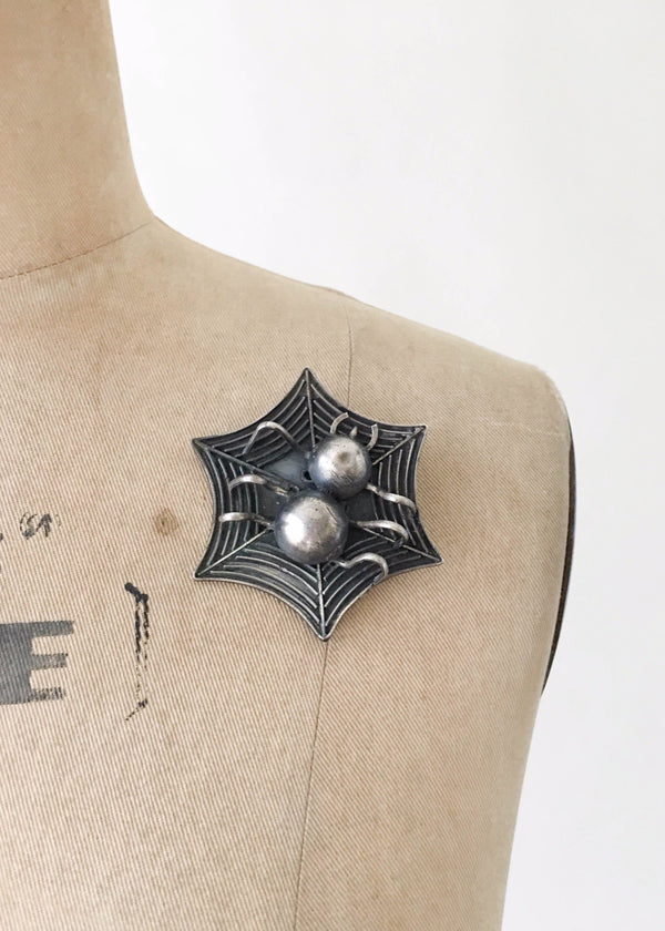 Vintage 1930s Mexican Silver Spider and Web Brooch - Raleigh Vintage