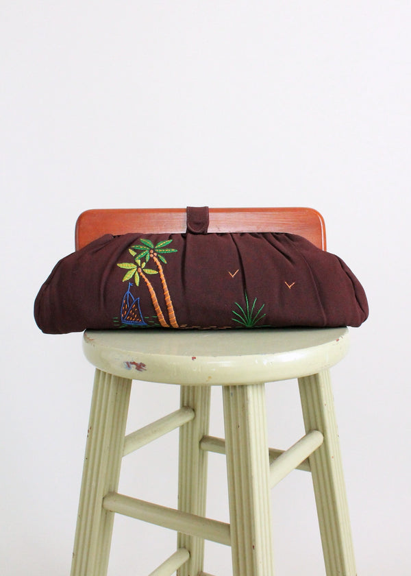 Vintage 1940s Tropical Embroidered Rayon Clutch Purse - Raleigh Vintage