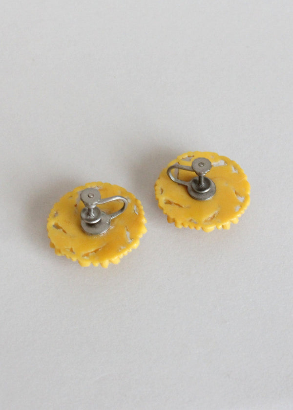 Vintage 1940s Golden Flower Celluloid Earrings - Raleigh Vintage