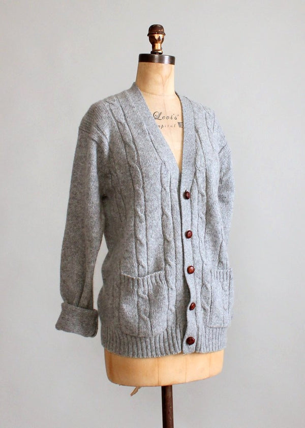 Vintage 1960s Grey Wool Cable Knit Boyfriend Cardigan - Raleigh Vintage