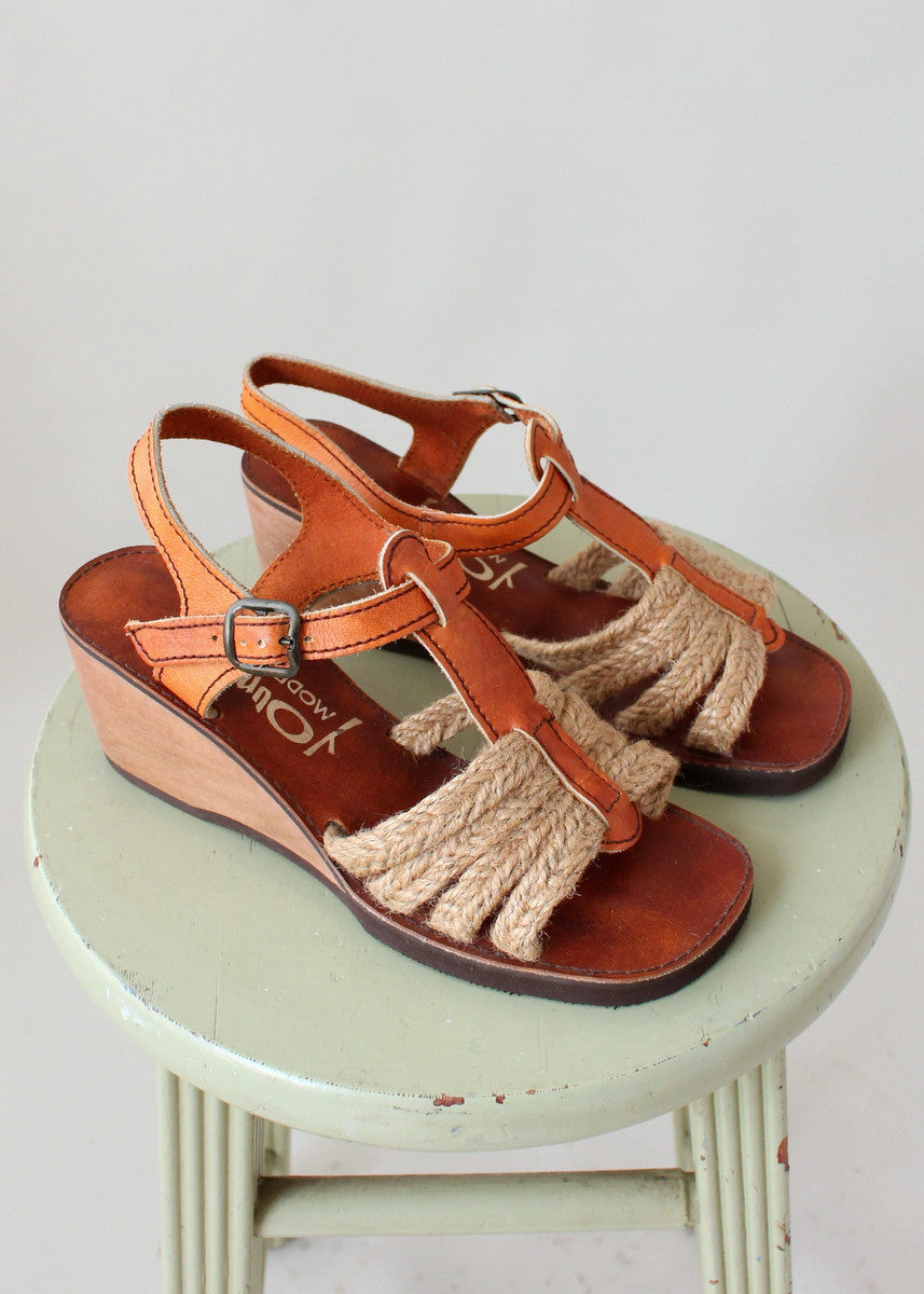 Vintage 1970s Jute and Leather Wedge Sandals - Raleigh Vintage