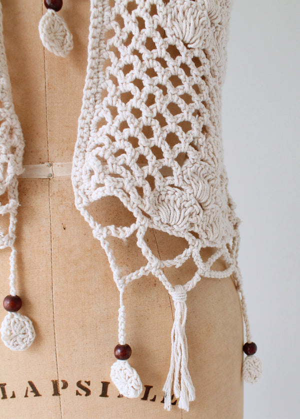 Vintage 1970s Macrame Vest with Wood Beads - Raleigh Vintage