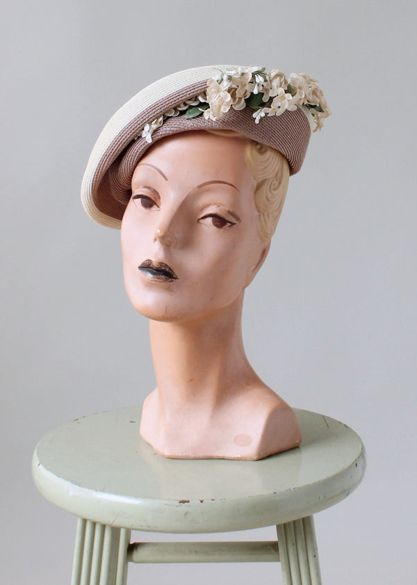Vintage 1940s Straw Beret with Floral Millinery - Raleigh Vintage