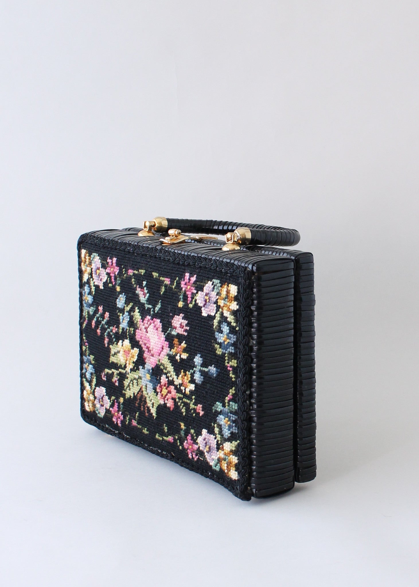 Vintage 1960s Black Wicker Box Purse with Floral Needlework - Raleigh ...